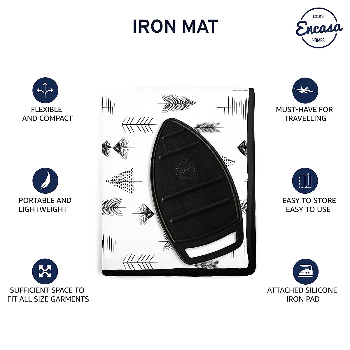 Encasa XO Ironing Mat/Pad (Large 48"x28") with 3mm Padding & Silicone Iron Rest for Steam Pressing on Tabletop or Bed - Heat Resistant, Portable, Quilting & Travel Blanket - Black Arrow