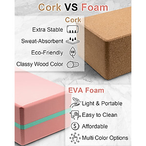 Tumaz Yoga Blocks 2 Pack with Strap Set, High Density/Lightweight EVA Foam Yoga Blocks or Non-Slip Solid Natural Cork Yoga Blocks Set & Premium Yoga Brick for All Yogi [E-Book Included]