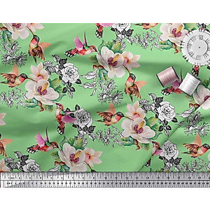 Soimoi Cotton Cambric Green Fabric - by The Yard - 42 Inch Wide - Hummingbird, Leaves & Flower Floral Textile - Playful and Delicate Fusion for Stylish Creations Printed Fabric