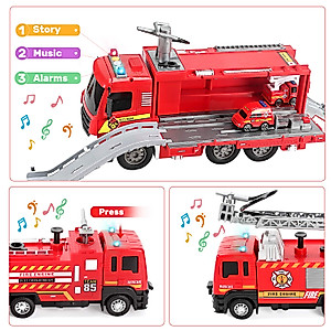 CUTE STONE 7 Pack Fire Trucks with Water Spraying Function, Fireman Toy Firetrucks with Sound and Light, Pull Back Cars, Friction-Powered Vehicles, Gift for Toddlers and 3+ Year Old Boys