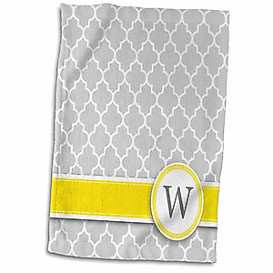 3D Rose Name Initial Letter W-Monogrammed Grey Quatrefoil Pattern-Personalized Yellow Gray Towel, 15" x 22", Multicolor