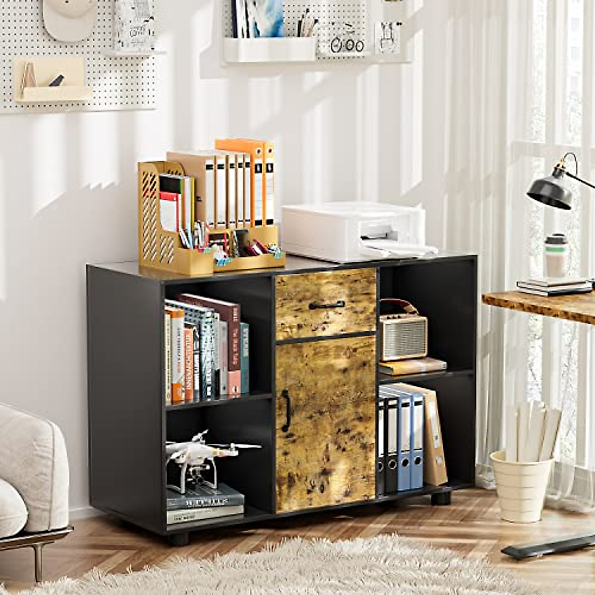 YESHOMY Nightstand Storage Cabinet with Door & Drawers for Living Room, Bedroom, 47"(L) x16(W), Black