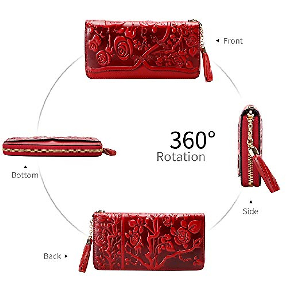 PIJUSHI Genuine Leather Wallets for Women Designer Floral Wristlet Wallet Ladies Clutch Purse with Tassel (20098 Red)