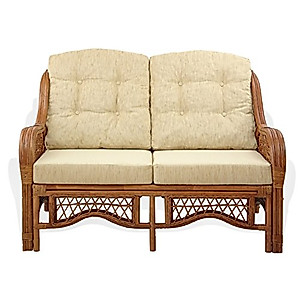 Malibu Lounge Loveseat Sofa Natural Rattan Wicker Handmade Design with Cream Cushions, Colonial