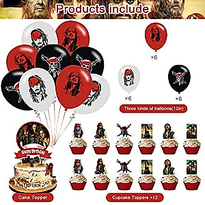 Pirates of the Caribbean Party Decorations,Birthday Party Supplies For Depp Pirate Hat Party Supplies Includes Banner - 12 Cake Toppers - 18 Balloons - 50 Pirates Stickers