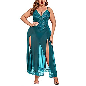 Avidlove Women's Plus Size Badydoll Lace Lingerie Long Dress Strap Chemise Nightgown Blue Green