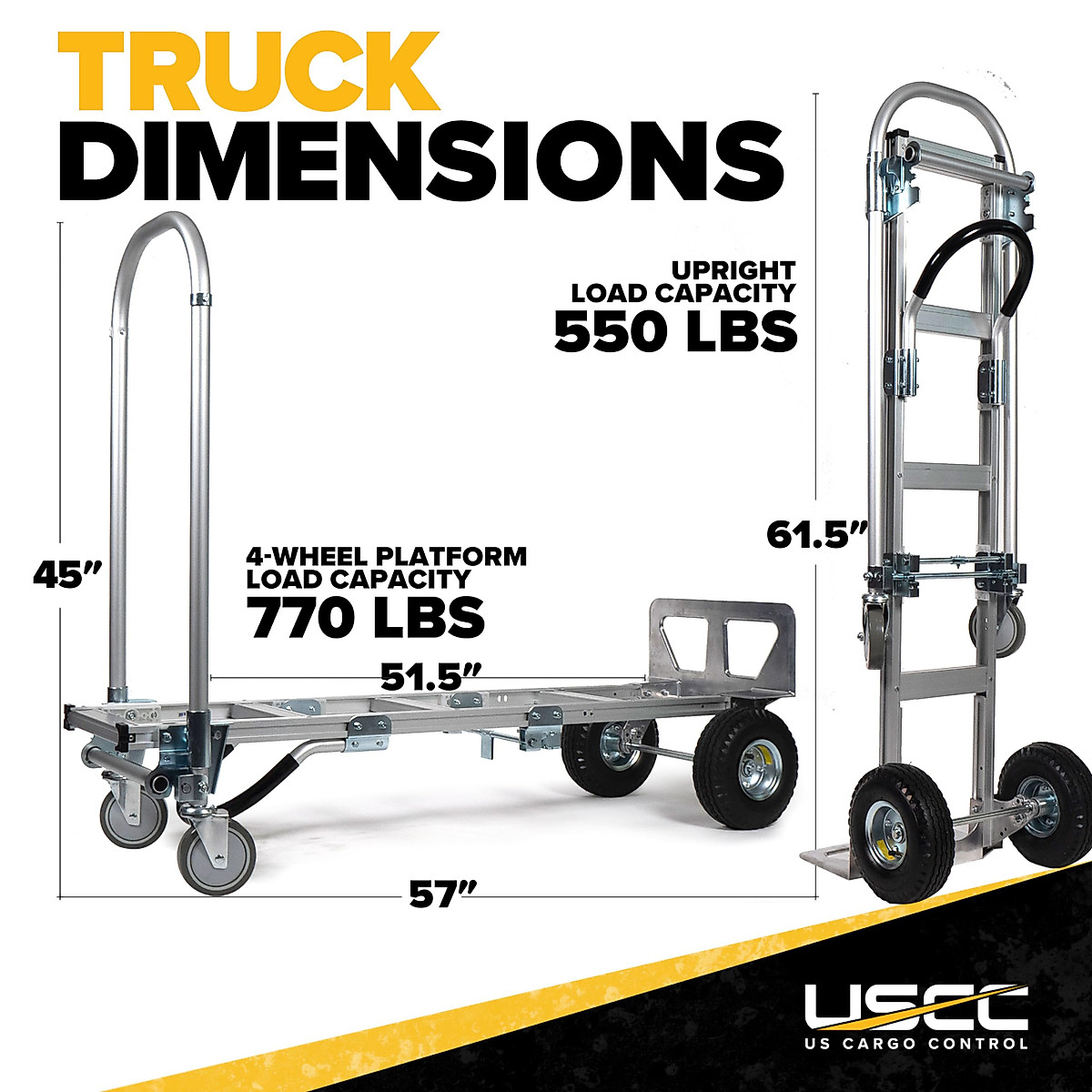 US Cargo Control Convertible Aluminum Hand Truck & Hand Cart - 2-in1 Folding Hand Truck, 770 LBS Capacity, Industrial Hand Dolly, Loop Handle and 10-Inch Pneumatic Wheels, Heavy Duty Dolly for Moving