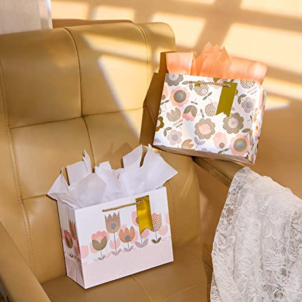 SUNCOLOR 2-Pack 9" Small Gift Bags with Tissue Paper For Her(Tulip Flower)