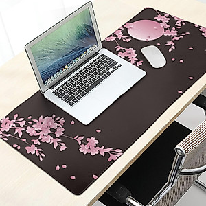 Sakura Cherry Blossom Extended Gaming Mouse Pad Non-Slip Rubber Base Pink Large Mousepad 31.5x11.8in with Stitched Edge Waterproof Flower Keyboard Pads Black Desk Laptop Mats for Work/Game/Office
