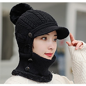 Women One Piece Slouchy Fleece Beanie Hats Scarf Mask Warm Winter Knitted Hat Thick Skull Ski Cap A-Black