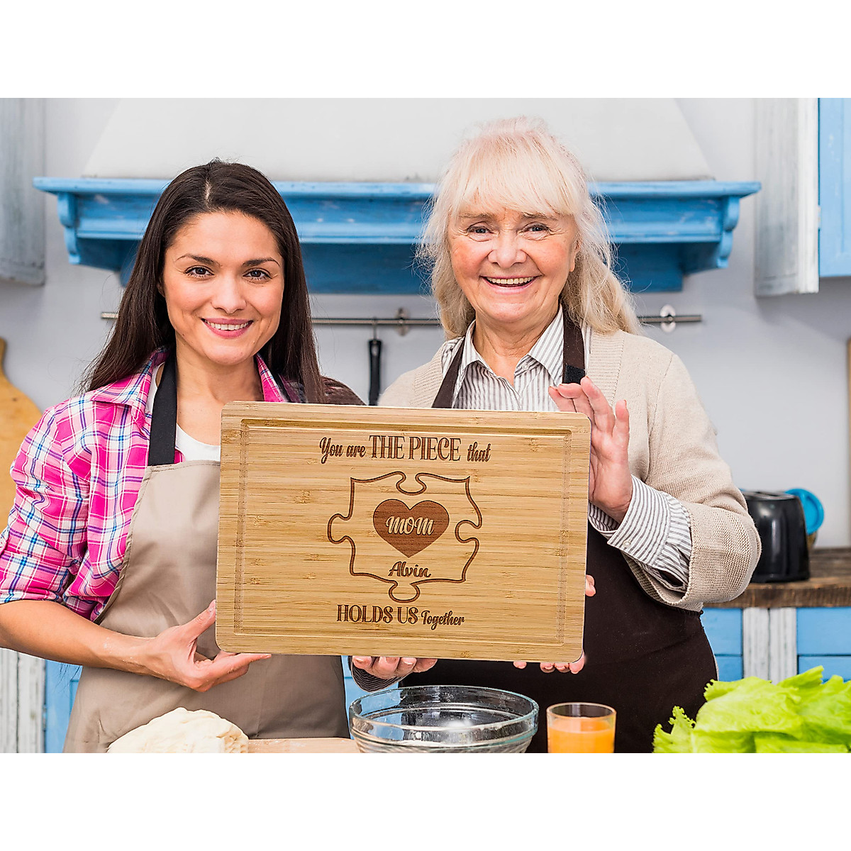 Personalized Mom You Are the Piece that Holds Us Together Puzzle Cutting Board, Custom Mom Cutting Board with Kids Names, Customized Mother's Day, Birthday Gifts for Mom, Grandma Gifts from Grandkids