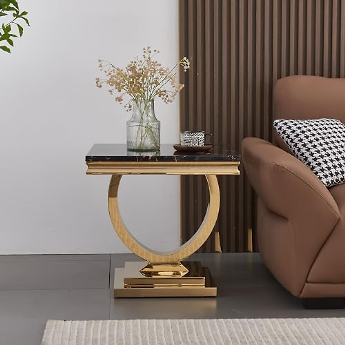 Maotifeys Small Black Marble End Table, Gold Pedestal Base, Mid Century Modern Accent Table for Living Room & Bedroom