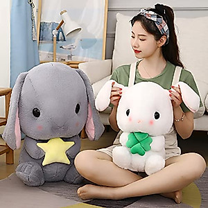 HOUPU Soft Toy - Sitting Lop Eared Rabbit, Easter White Rabbit Stuffed Bunny Animal with Carrot Soft Lovely Realistic Long-Eared Standing Pink Plush Toys (White-Four Leaf,8.6in/22cm)