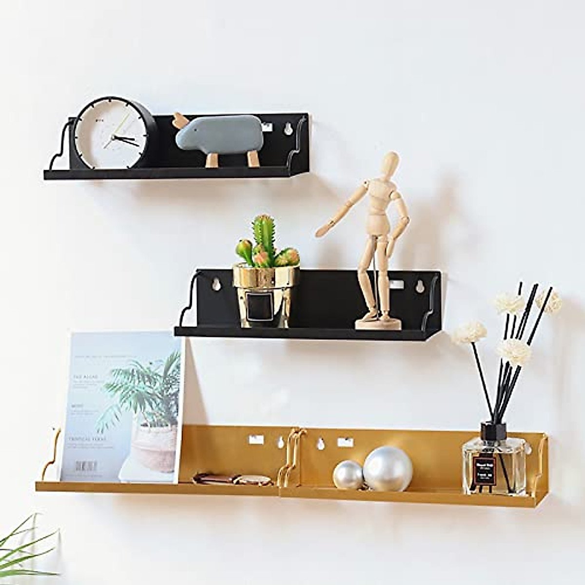 Above Sink Shelf Decoration Rack Simple Style Wall Hanging Decoration Metal Bracket Wooden Base Natural Stability Beautiful and Generous (Gold, One Size)