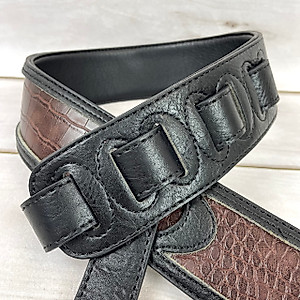 Walker & Williams G-800 Soft Black Leather Strap Brown Gator Inserts & Padded Back For Acoustic, Electric, And Bass Guitars