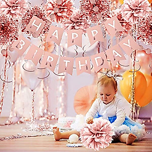 Rose Gold Birthday Party Decorations Set - Rose Gold Glittery Happy Birthday banner, Foil Swirls,Tissue Paper Pom Poms, Circle Dots Garland for Birthday Party Decorations,Girls Birthday