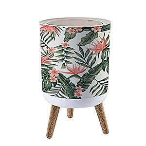 Small Trash Can with Lid for Bathroom Kitchen Office Diaper Beach cheerful seamless tropical dark green leaves palm trees flowers Bedroom Garbage Trash Bin Dog Proof Waste Basket Cute Decorative