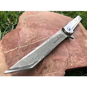TACTICAL GEARZ Damascus Pocket Knife for EDC! Stainless Steel Handle! 67 Multi Layered Damascus Steel Tanto Blade! Includes Sheath! (Kraz XT)