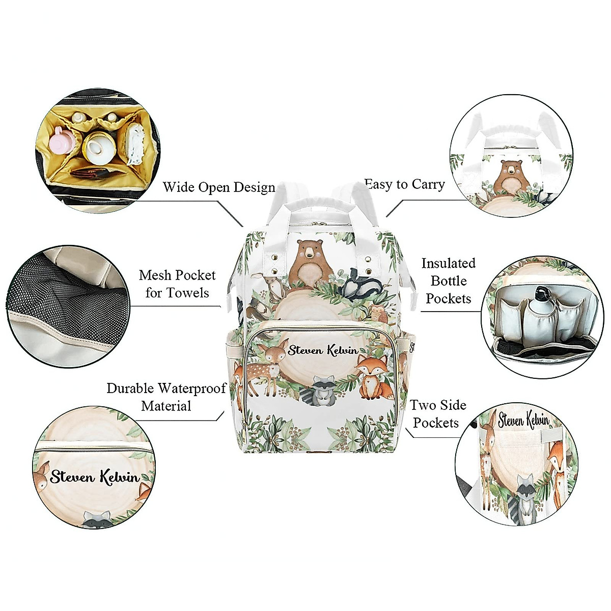 Woodland Animals Forest Leaves Personalized Diaper Backpack with Name,Custom Travel DayPack for Nappy Mommy Nursing Baby Bag One Size