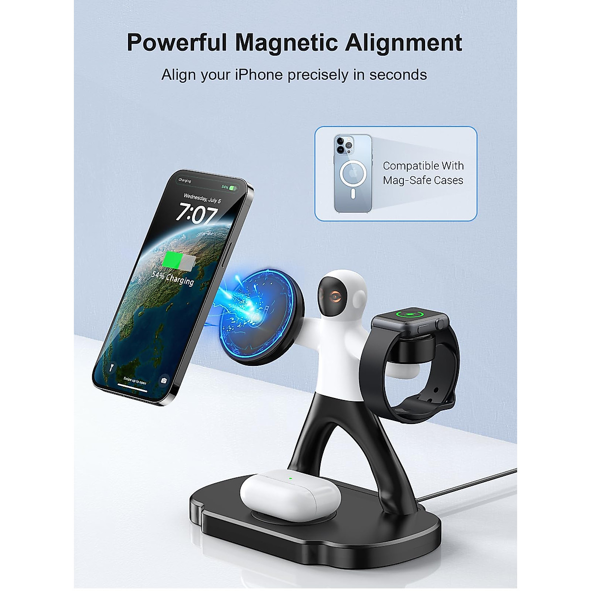 OBRFFE Wireless Charging Station 3 in 1, 18W Fast Magnetic Wireless Charger for Apple Devices, Compatible with iPhone 15/14/13/12 Pro Max, AirPods 3 2 Pro, iWatch Series for Bedside/Office/Desk