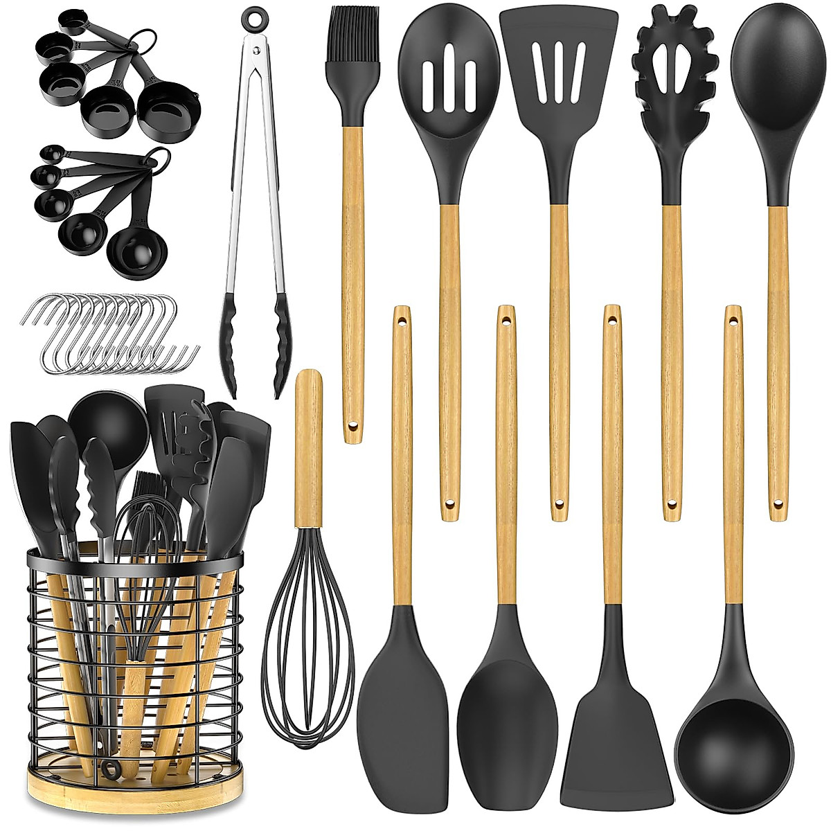 ebeau Cooking Utensils Set with Holder - 32 Pcs Silicone Kitchen Utensils Set - Non-Stick Silicone Spatula Set, BPA Free Wooden Handle Silicone Gadget Set+Utensil Holder
