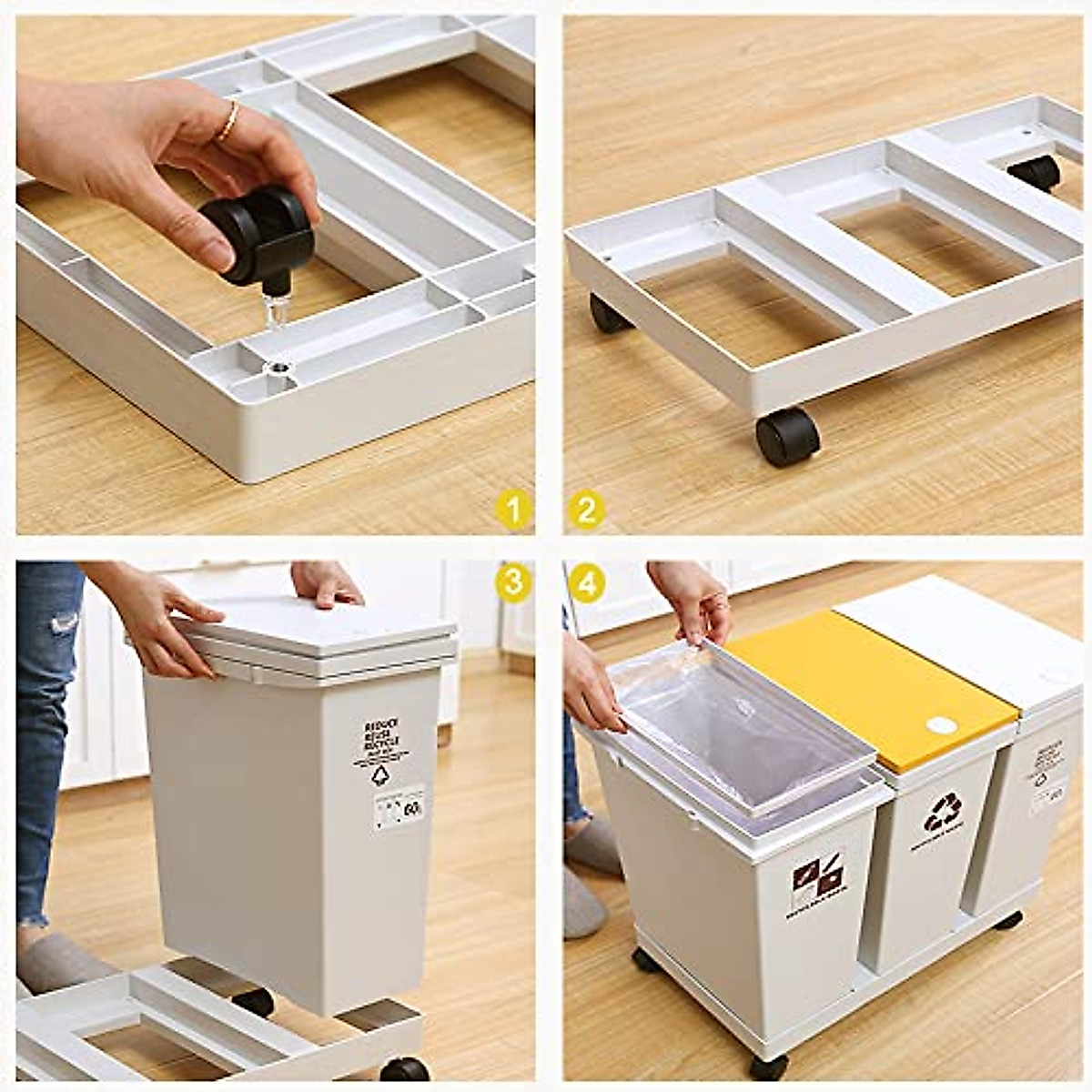 MYOYAY 3 Compartment Trash Can Garbage Cans with Recycling Bin Triple Trash Can 16 Gallon/3x20L Kitchen Trash Can 3 Compartment for Kitchen,Bathroom, Living Room