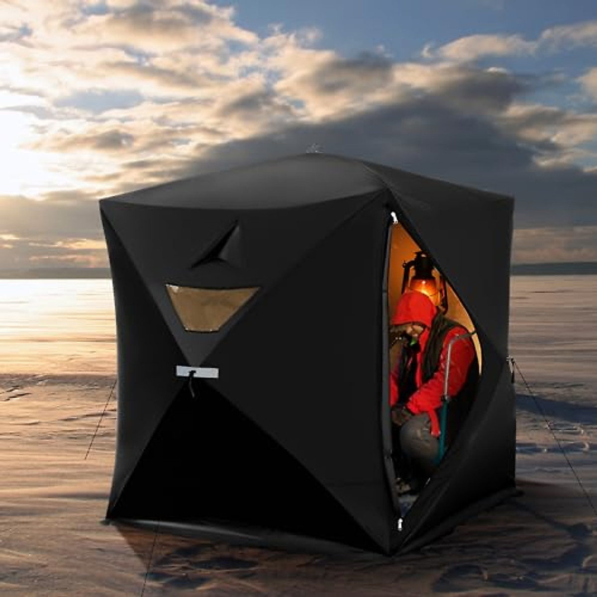 Outsunny 2-4 People Ice Fishing Shelter, Pop-Up Portable Ice Fishing Tent with Carry Bag, Two Doors, Windows and Vents, Ice Shanty for Winter Fishing, Black