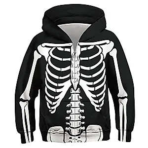 uideazone 12-14 Years Teenage Boys Zipper Hooded Sweatshirts Size 13t Trendy Halloween Skeleton Long Sleeve Zip Up Hoodies Autumn Hoody Coat Tops