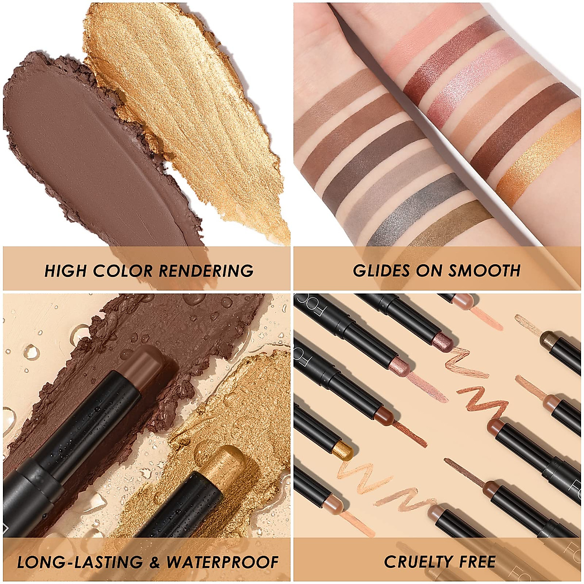 FOCALLURE 2 Pcs Cream Eyeshadow Stick,Brightener Eyeshadow Pencil Crayon,Highlighter Eye Shadow Stick Sets with Crease-proof Formula,Long Lasting Waterproof Eye Shadow Make Up,Fancy Tabac