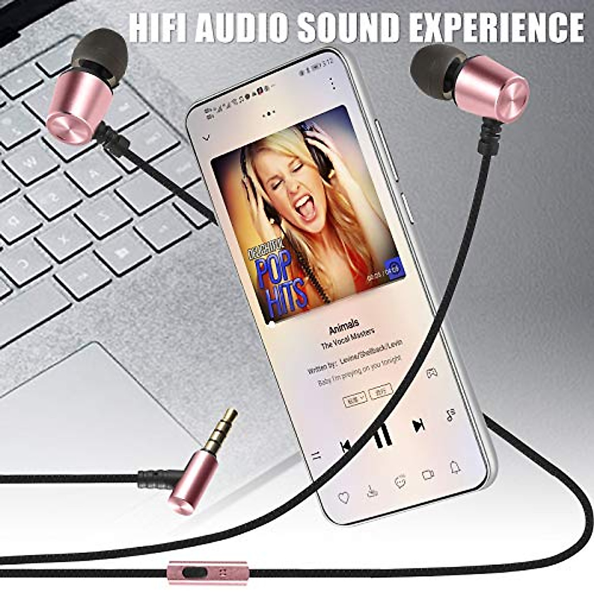 EXMAX S3 Deep Bass 3.5mm Earphones Wired Earbuds in Ear Buds Workout Headphones with Microphone Mic Magnetic Design Stereo Sound Metal Tangle-Free for Smartphone Laptop Computer MP3 Tablet- Rose Gold