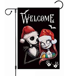 Nightmare Before Christmas Garden Flag 12 X 18 Inches Double Sided, Halloween Welcome Flag, Merry Christmas Yard Flags Durable Burlap Flag Holiday Farmhouse Patio Yard Outdoor Party Ornaments