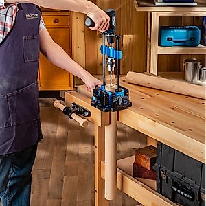 Rockler Drill Guide w/Chuck Key - Full-Size Drill Press Accessories for Small Shops - 0° to 60° Angle Drill Guide w/Easy-to-Read Protractor Scale - Self-Centering Portable Drill Guide