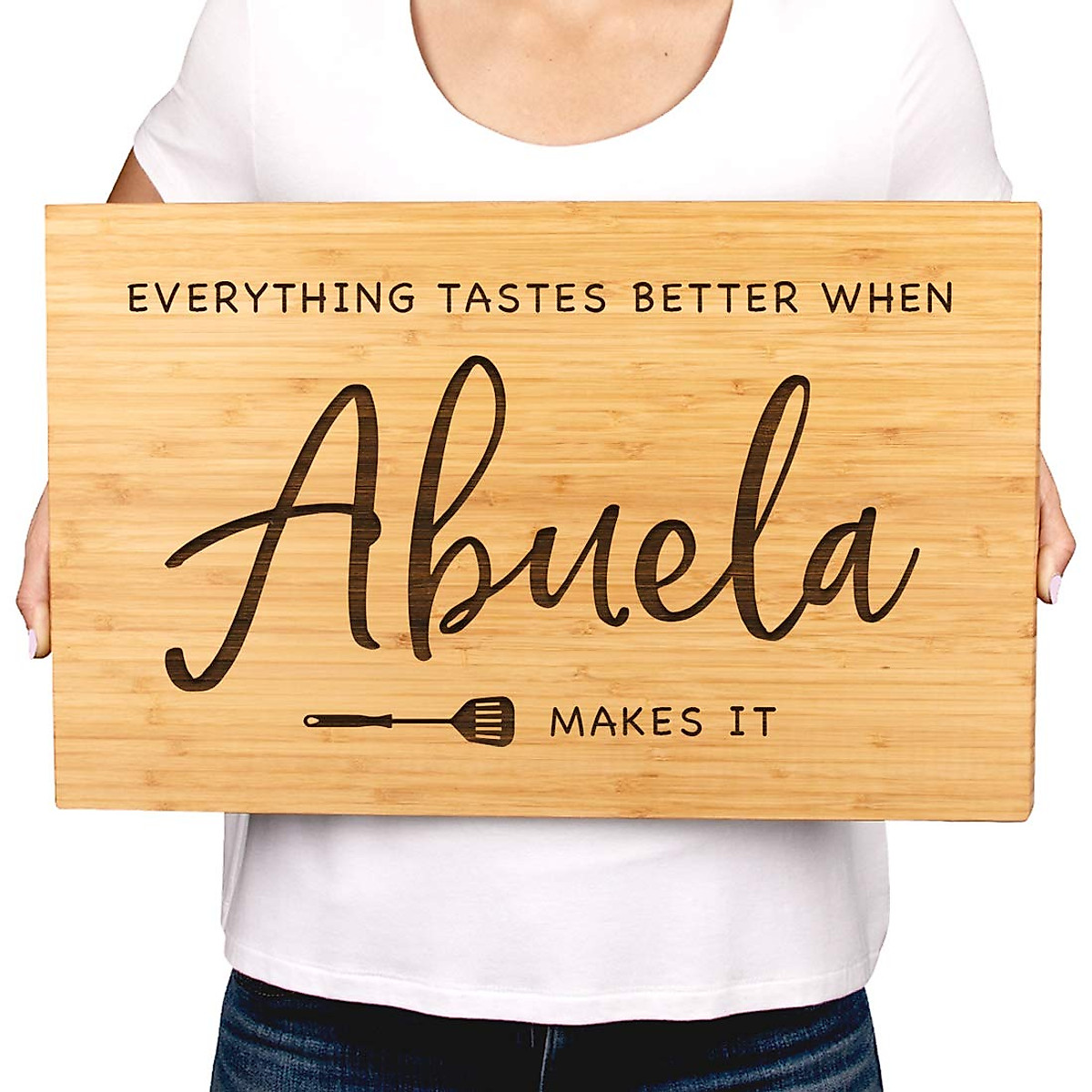 Andaz Press Large Bamboo Wood BBQ Cutting Board Gift, 17.75 x 11-inch, Everything Tastes Better When Abuela Makes It, 1-Pack, Engraved Serving Chopping Board Christmas Birthday Chef Kitchen Ideas