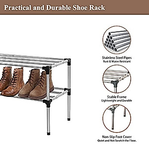 Anmerl 2 Tier Shoe Rack Stackable Shoe Storage Organizer for Closet Entryway Bedroom, 31.5 Inch Wide Stainless Steel Pipes Free Standing Shoe Storage Shelf (Sliver)