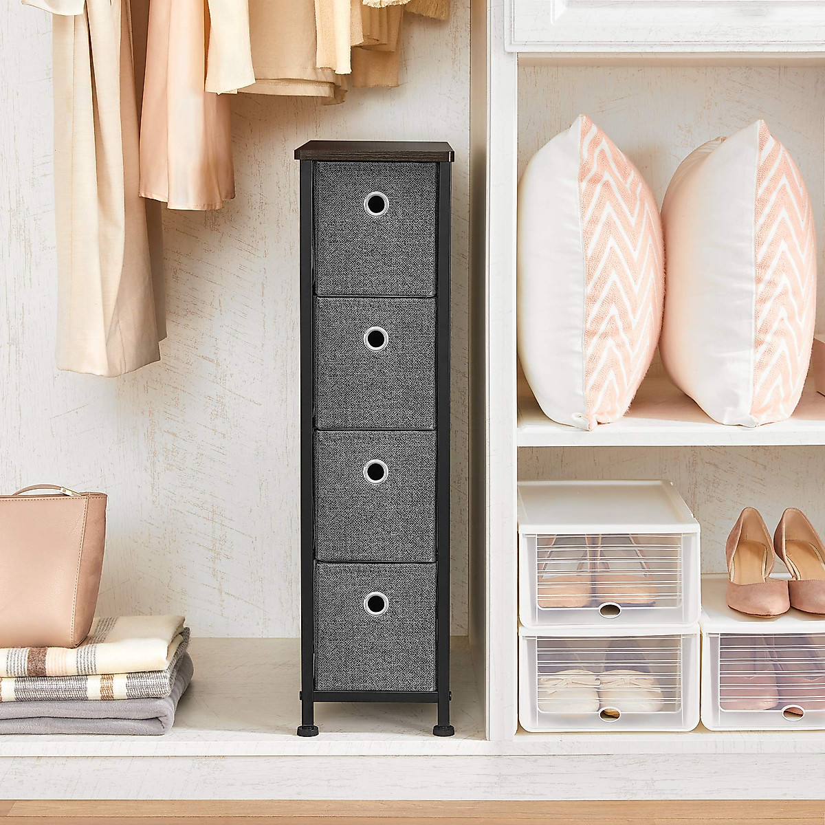 SONGMICS Narrow Dresser with 4 Fabric Drawers Vertical Slim Storage Tower Unit, 7.9",Grey