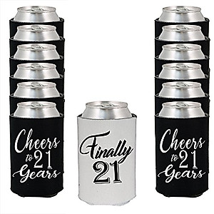 Finally 21 Cheers to 21 Years Birthday Can Sleeve Cooler Insulated Drink Coozies Soda Beer Hugger Coolies (Black, 13)
