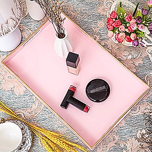 MAONAME Pink Serving Tray with Handles, Modern Decorative Tray for Coffee Table, Plastic Rectangular Tray for Ottoman, Bathroom, Decor, 15.75” x 10.2” x1.57
