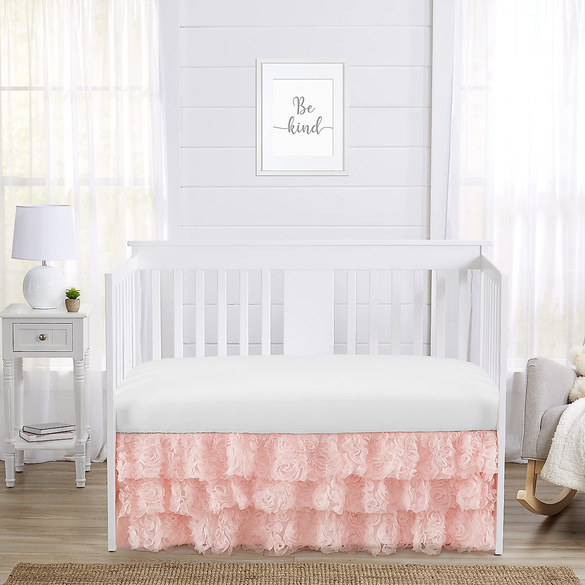 Sweet Jojo Designs Pink Floral Rose Girl Baby Crib Bed Skirt Nursery Dust Ruffle - Solid Light Blush Flower Luxurious Elegant Princess Vintage Boho Shabby Chic Luxury Glam High End Roses Ruffle Tiered