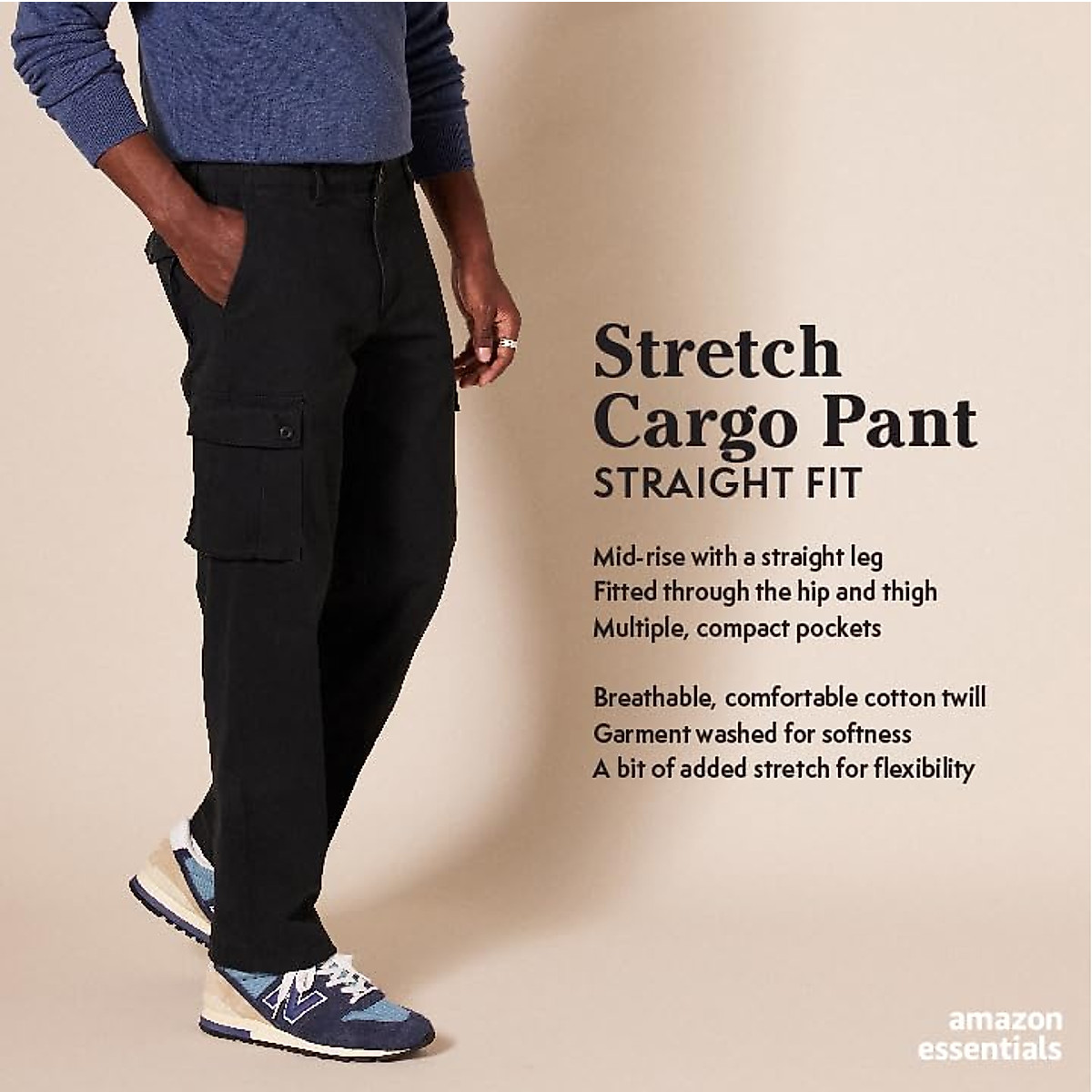 Amazon Essentials Men's Straight-Fit Stretch Cargo Pant (Available in Big & Tall), Black, 28W x 32L