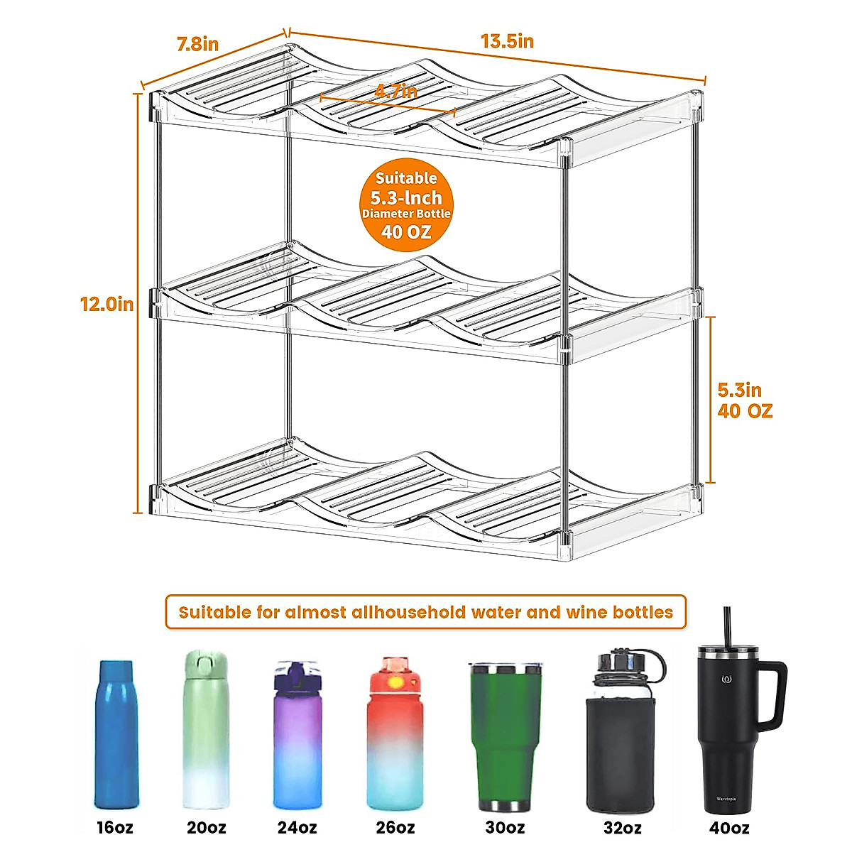 SuoXing Large Compartment Stackable Water Bottle Organizer for Stanley 40 Oz,3 Packs Hold 9 Bottles Stackable Bottle Storage Organizer,Clear Tumbler Travel Organizer for Kitchen Cabinets Wine Rack