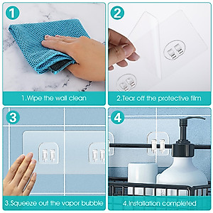 COMNICO 4 Pack Shower Caddy Adhesive Hooks Replacement, Strong Self-Adhesive Sticker No Drilling Waterproof Hanging Hooks for Bathroom Storage Shelves Kitchen Racks (Double Hook,Transparent)