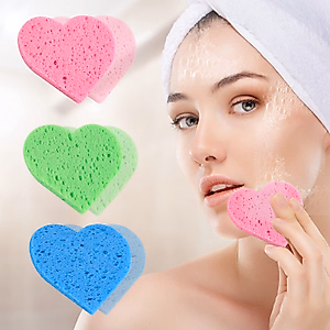 WXJ13 60 Pieces Heart Shaped Compressed Facial Sponge, Reusable Face Cleansing Sponge for Deep Facial Cleansing and Exfoliating Makeup Remover (Green, Pink, Blue)