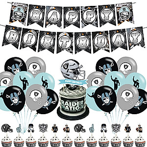 KOOMEE 32 Pcs Raiders Party Supplies, Rugby Theme Party Supply Set for Kids with 1 Happy Birthday Banner Garland, Cake Topper,12 Cupcake Toppers, 18 Balloons for Football Rugby Fans Party Decorations