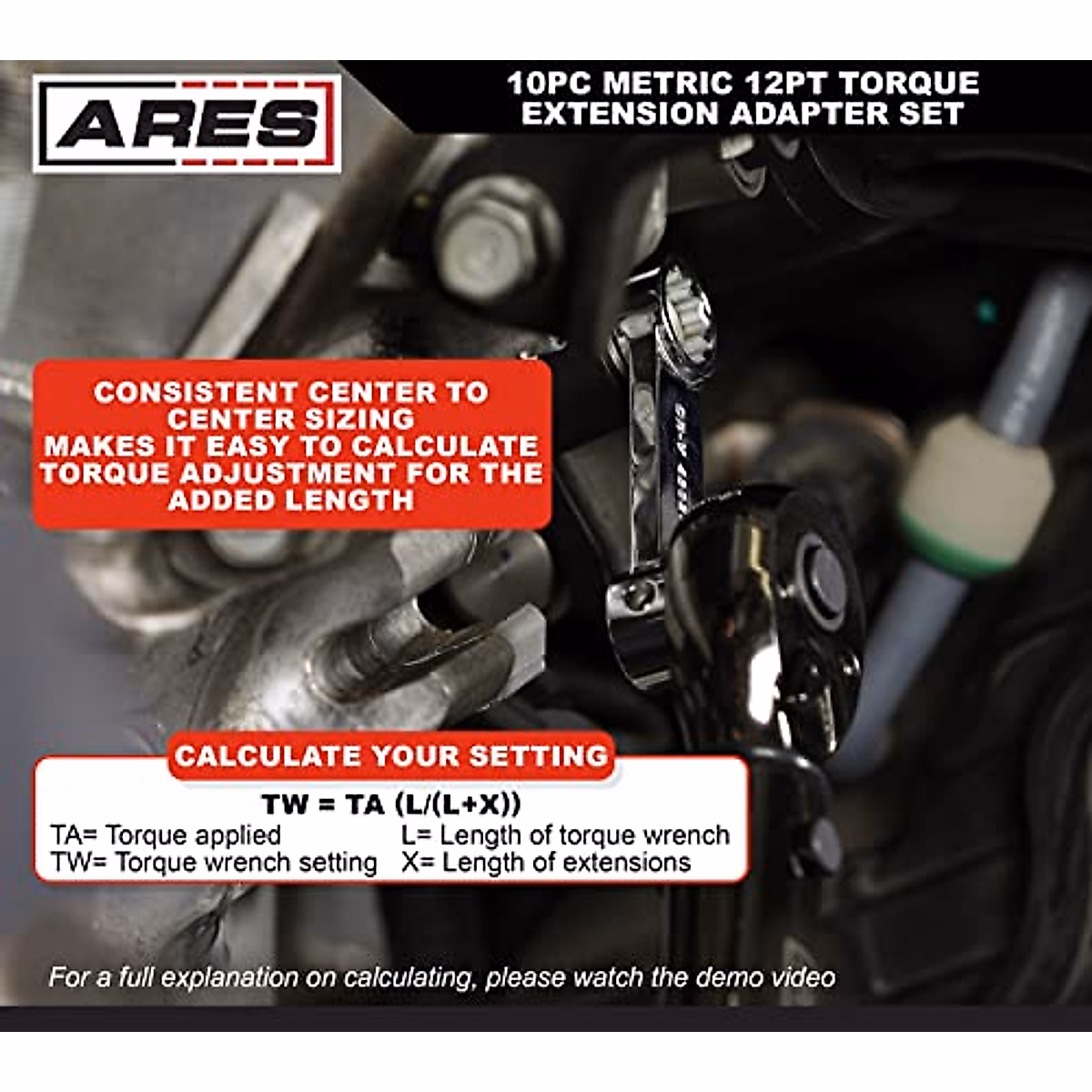 ARES 43036 – 10-Piece Metric 12-Point Box End Torque Adapter Extension Set – 3/8-Inch Drive - Extensions for Torquing in Hard to Reach Places – Chrome Vanadium Steel Construction – EVA Foam Tray