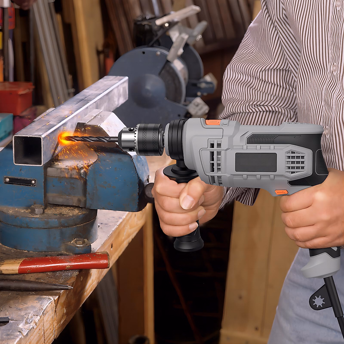 850W Electric Impact Drill, 7-Amp Hammer Drill, 1/2-Inch Electric Hammer Drill with 3000RPM, Variable Speed, 10 Drill Bits, for Concrete Floors, Walls, Bricks, Stone