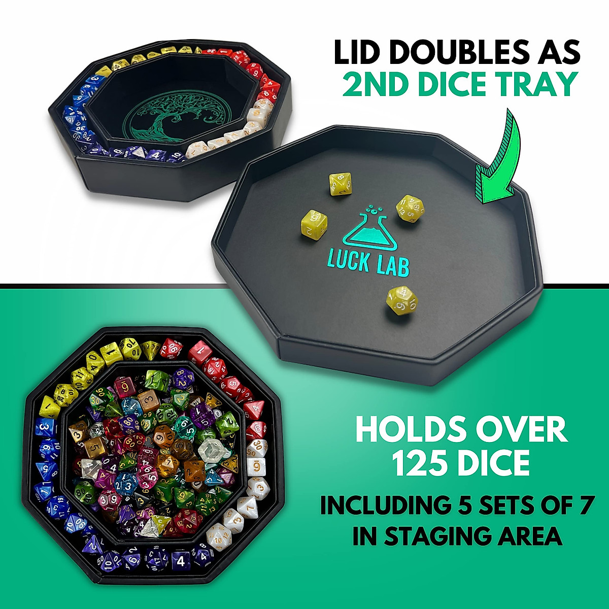 Luck Lab 8 Inch Dice Tray – Green - with Lid and Dice Staging Area for RPG Table Top Gaming- Tree of Life Design