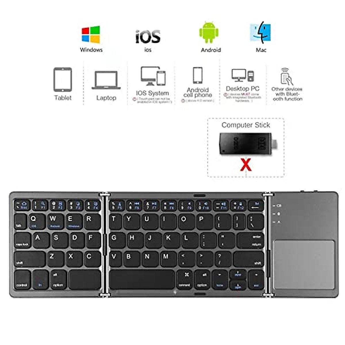 JPHTEK Foldable Bluetooth Keyboard with Touchpad, Portable Wireless Keyboards, Rechargeable Full Size Ultra Slim Pocket Folding Keyboards for Android Windows iOS Tablet & Laptop Gray