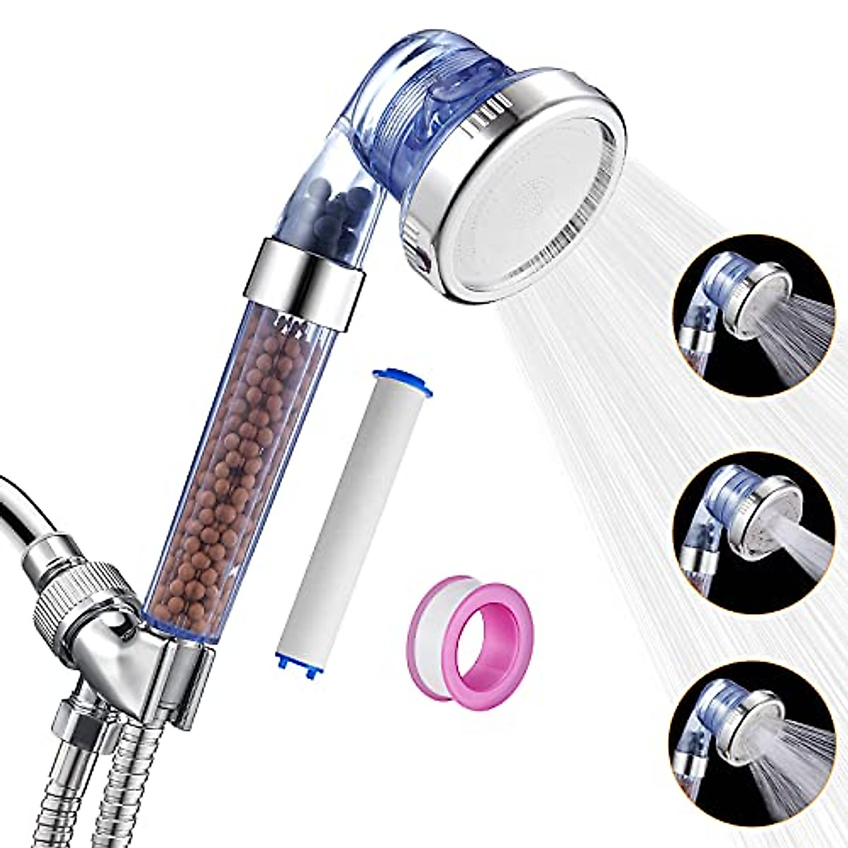 TUXBAWAY Filtered Shower Head for Hard Water, Handheld High Pressure Showerhead with Hose, Bracket, Mineral Stones and PP Cotton Filter Replacement, Ecowater Spa Shower Spray for Dry Hair & Skin