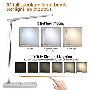 Fasiphe LED Foldable Desk Lamp with Wireless Charger and USB Port, Touch Control, Cold and Warm with 3 Levels Brightness Eye-Protective Reading Lights, Table Lamps for Home Office White