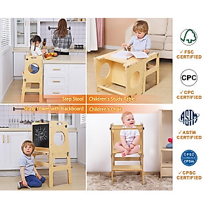 Foldable 4-in-1 Study Tower with Chalkboard for Learning, Montessori Kitchen Step Stool Toddlers Folding Stool for Kids 1-6years Ideal Helper